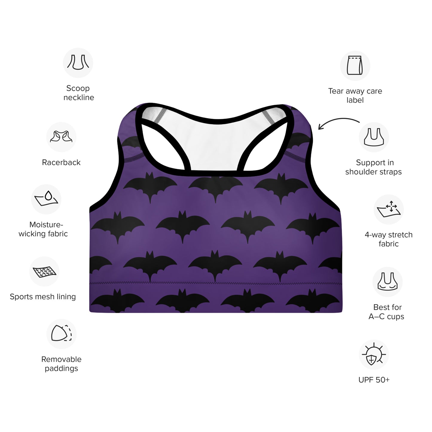 PURPLE BAT PADDED SPORTS BRA – SCAMP+TRAMP